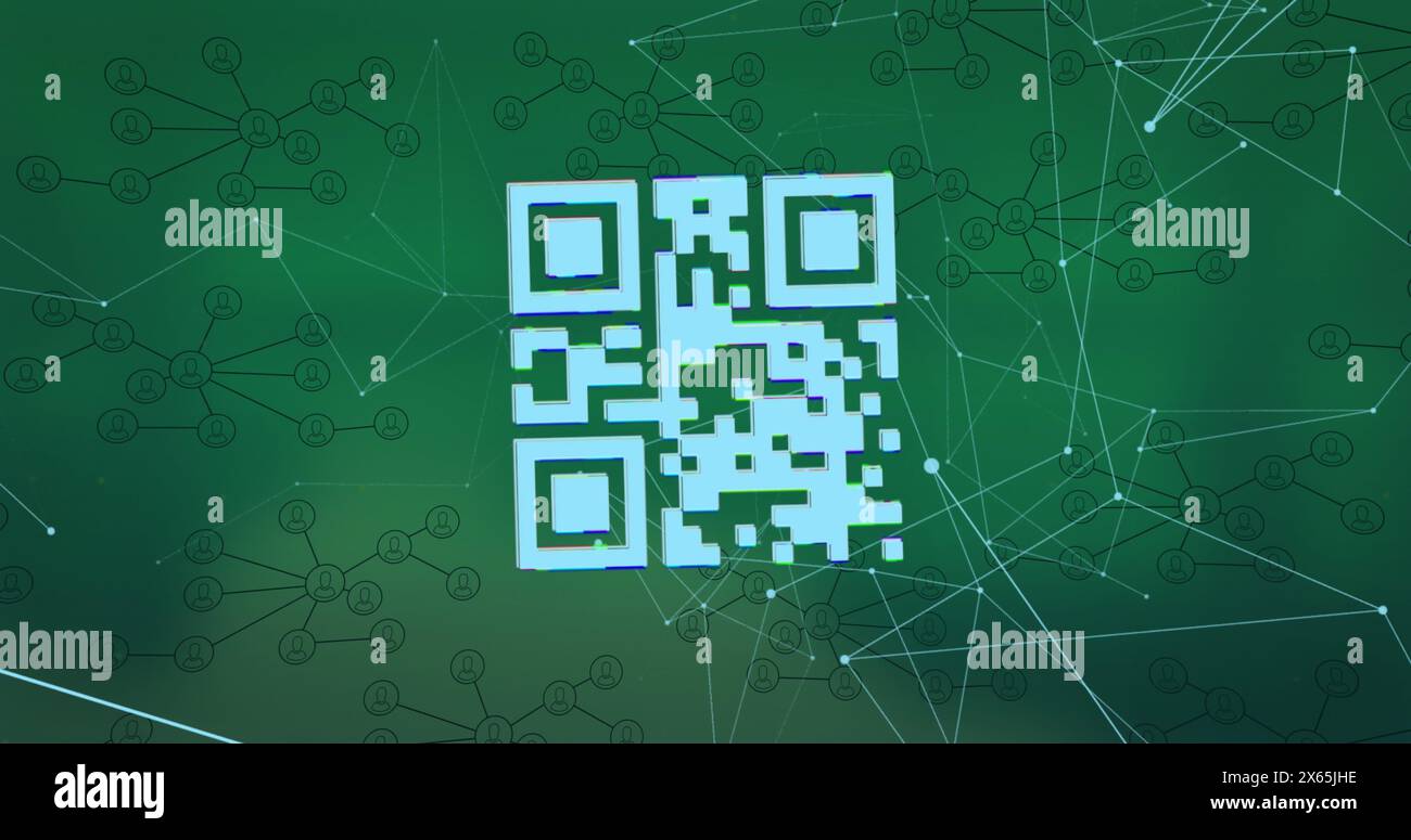 Glitch effect over a qr code scanner over network of connections against green background Stock ...