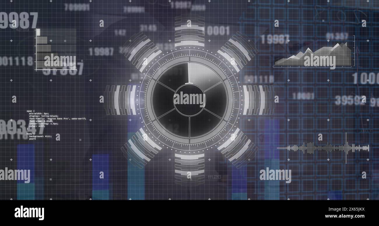 Image of round scanner and changing numbers against businessman writing ...