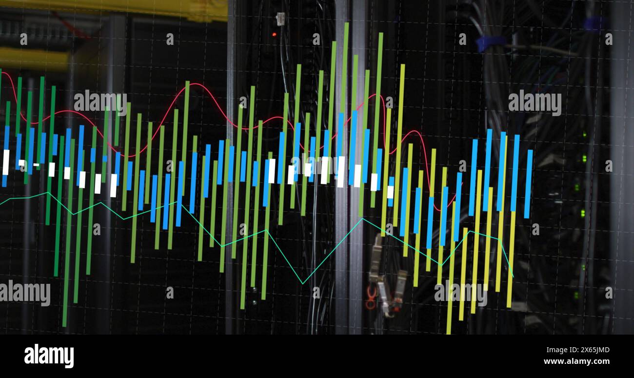 Green and blue graph processing data over dark computer server room ...