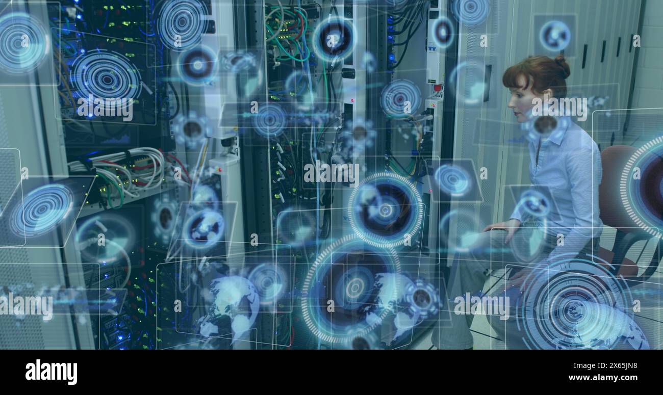 Image of moving screens over caucasian female server room worker Stock ...