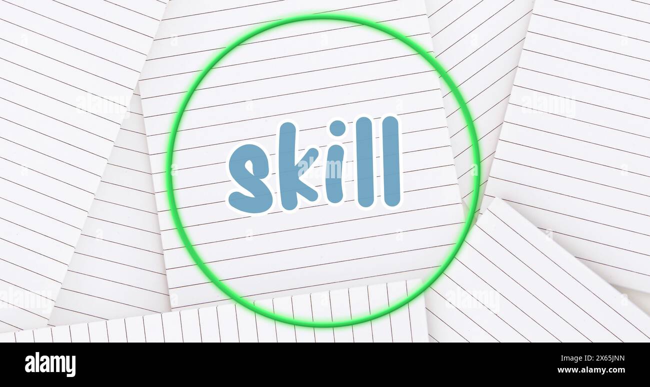 Image of skill text over neon green circular banner against white lined ...