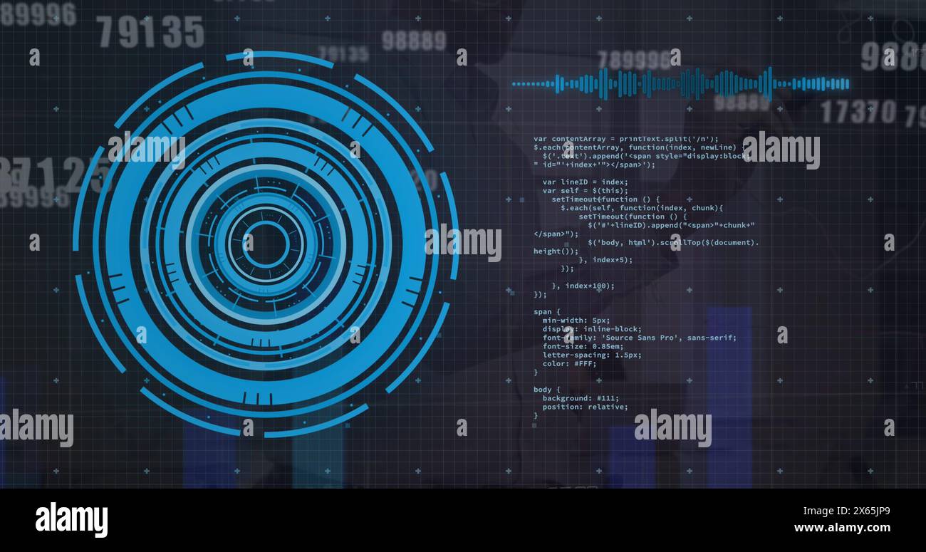 Image of round scanner and changing numbers against businessman writing ...