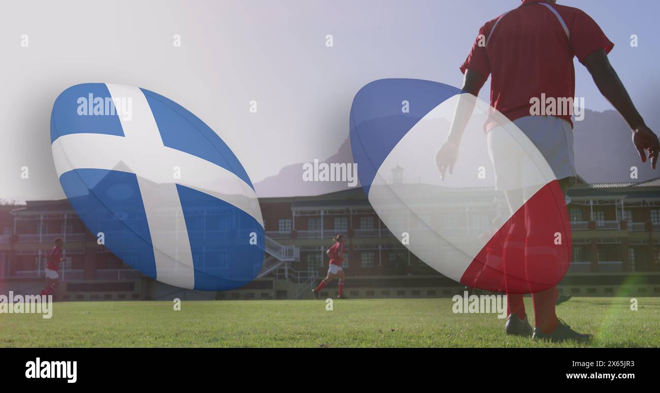 Image of diverse male rugby players with rugby balls with national ...