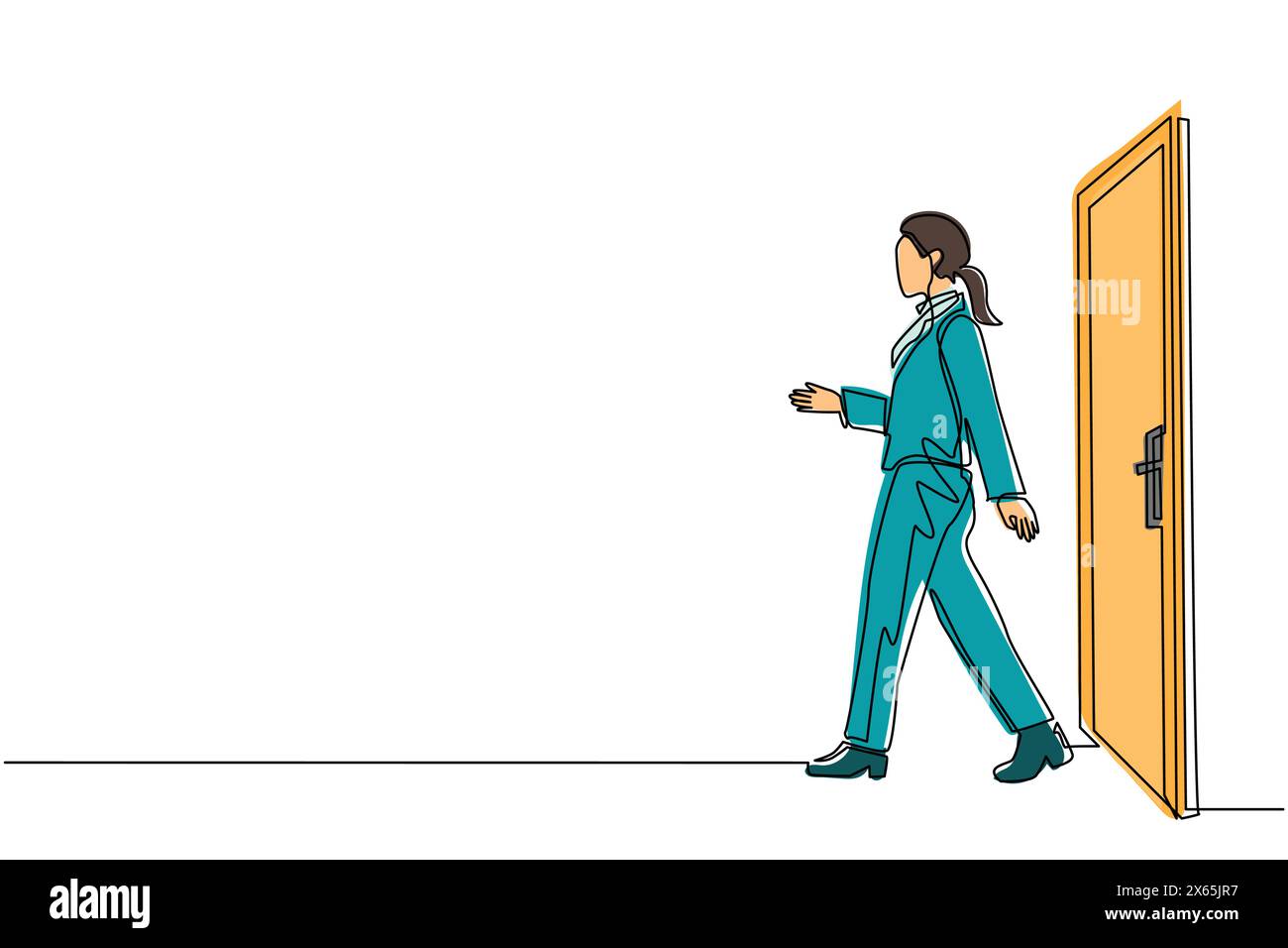 Continuous one line drawing young businesswoman walking and leaving ...