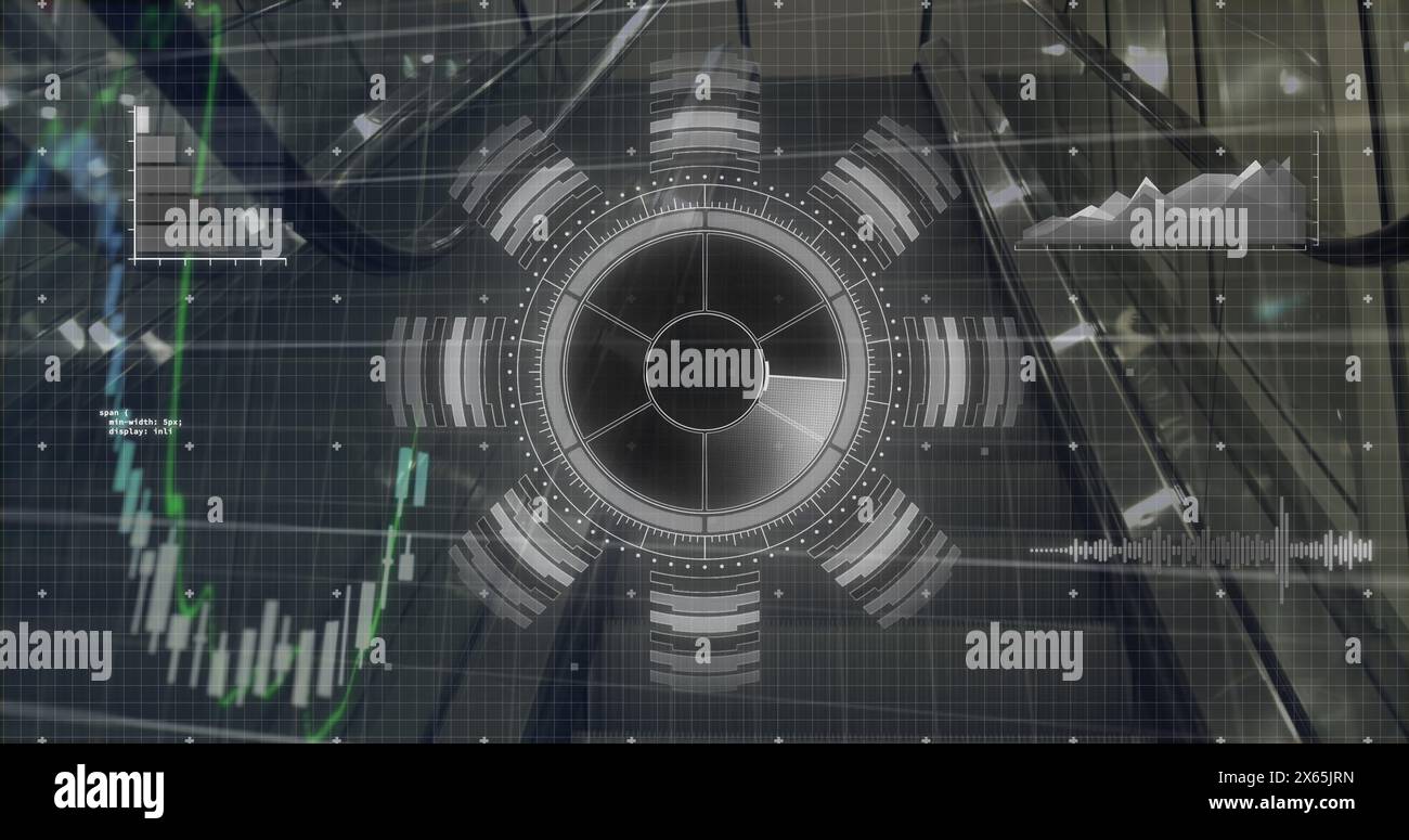 Image of round scanner and financial data processing against escalator Stock Photo - Alamy