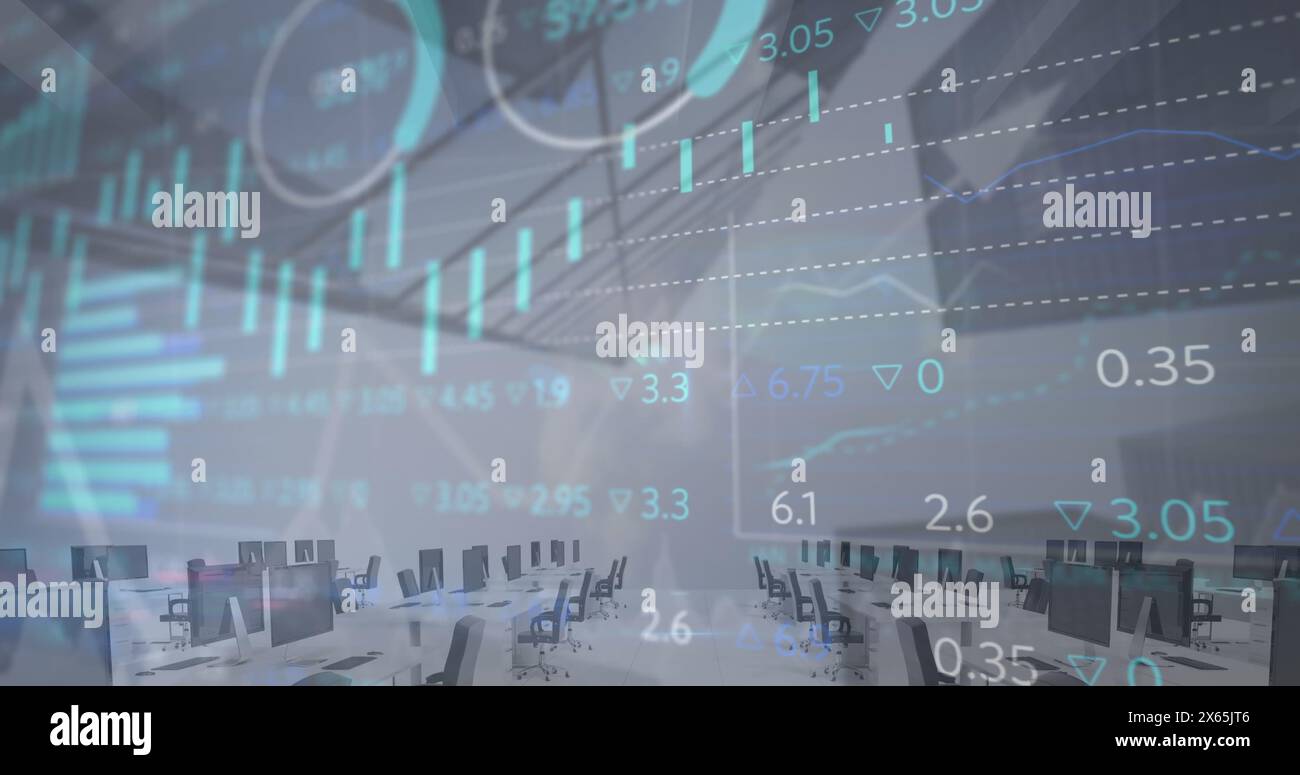 Image of statistical and stock market data processing over empty office against tall buildings ...