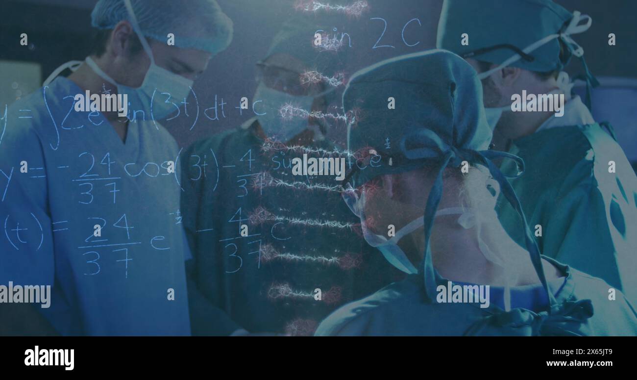 Image of rotating dna over caucasian female and male surgeons in face ...