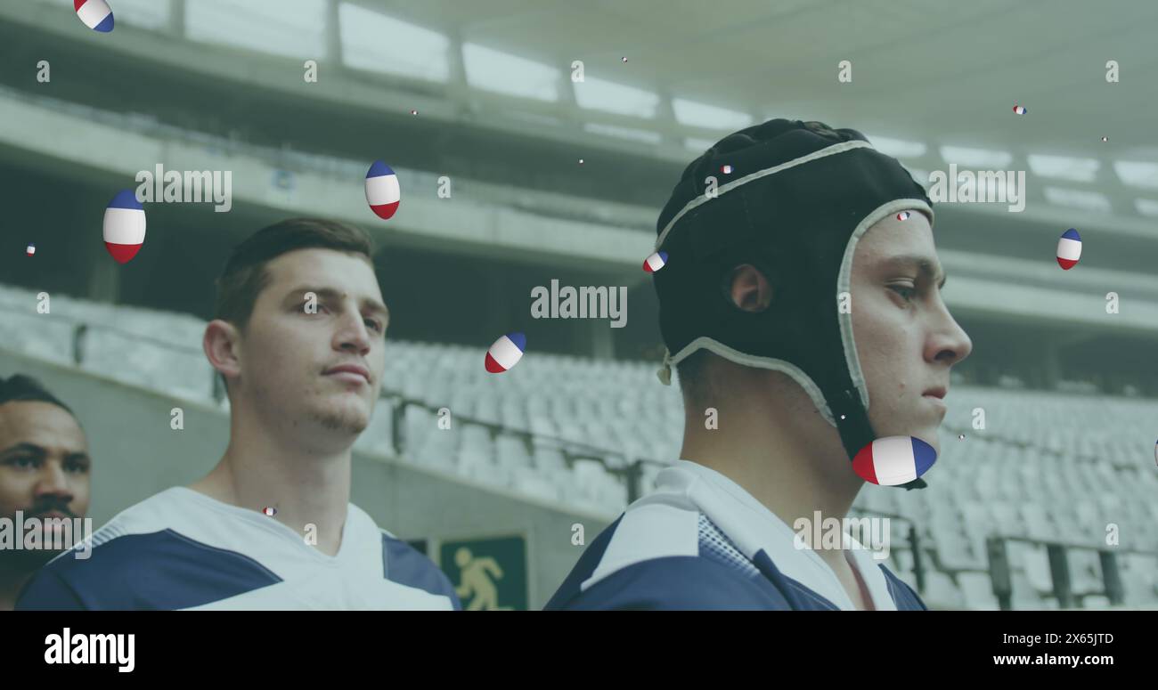 Image of diverse male rugby players with rugby balls with flag of ...