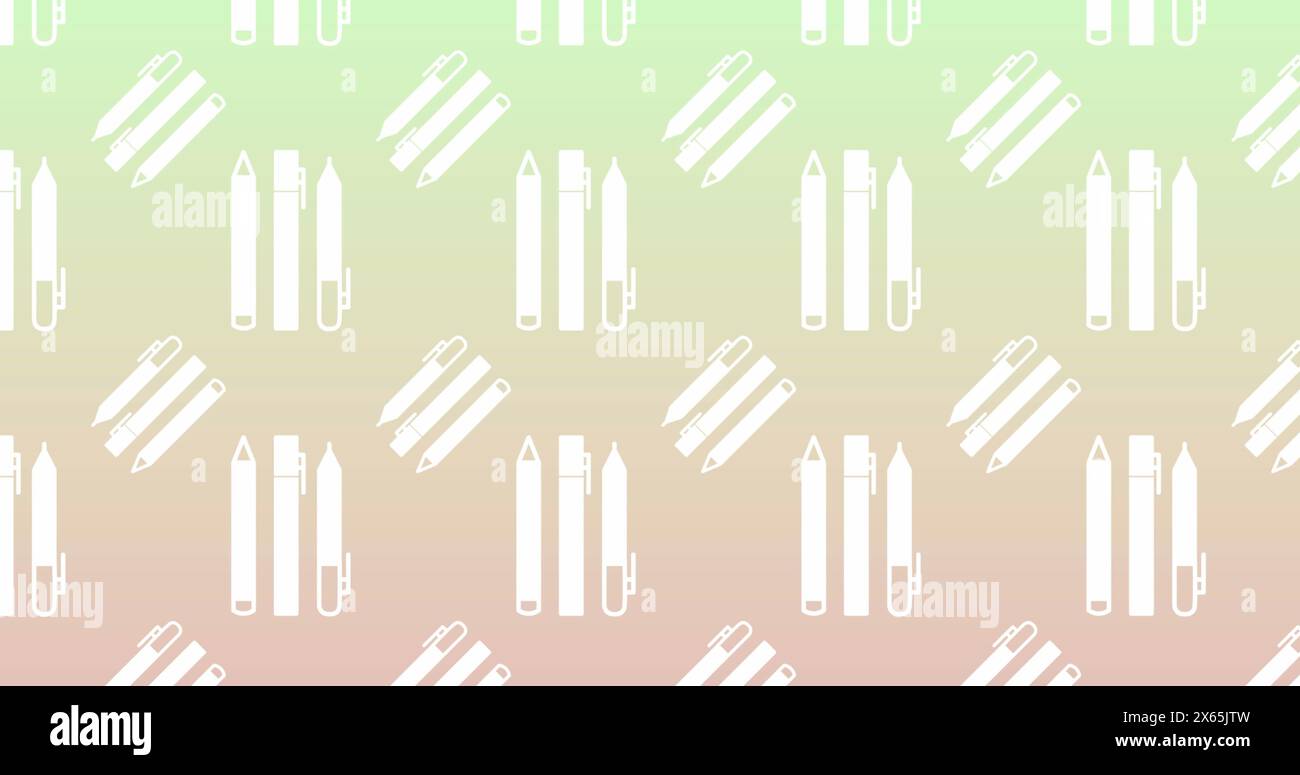 Image of set of pen icons in seamless pattern against pink and green ...