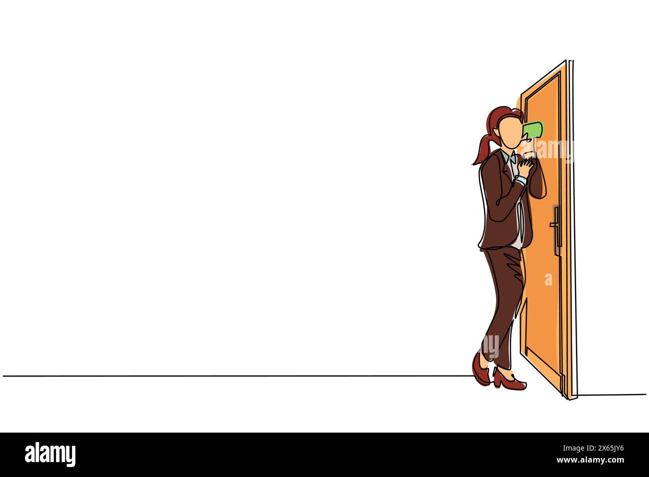 Single continuous line drawing young woman eavesdropping at door ...