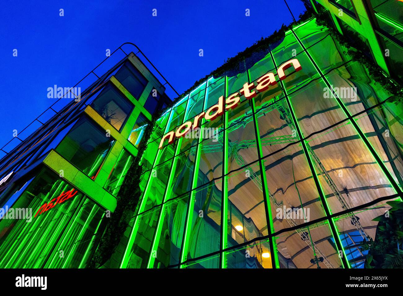 Illuminated entrance to the Nordstan Shopping Centre at night ...