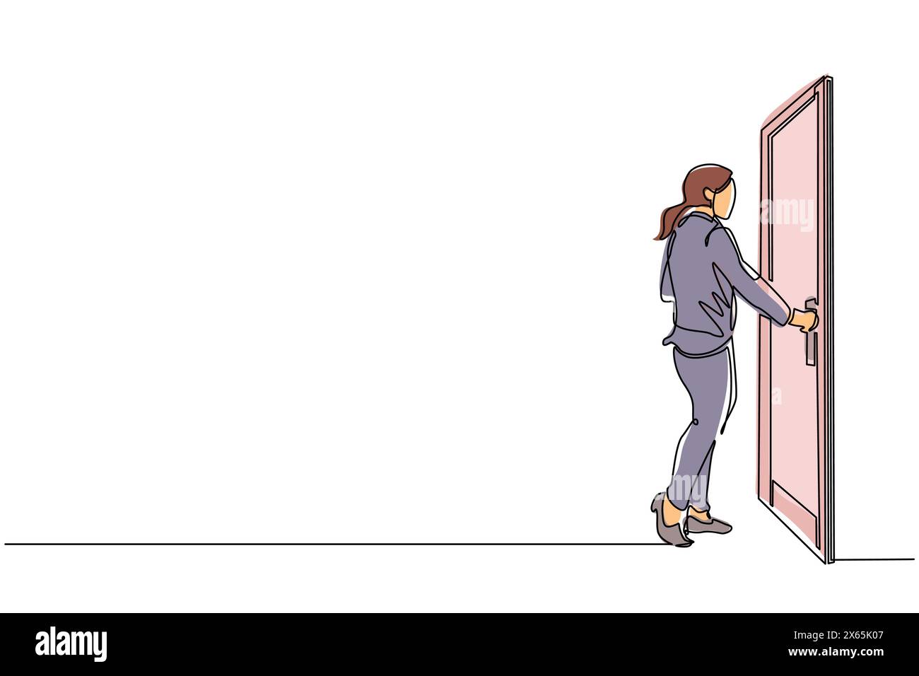 Single continuous line drawing businesswoman holding door knob ...