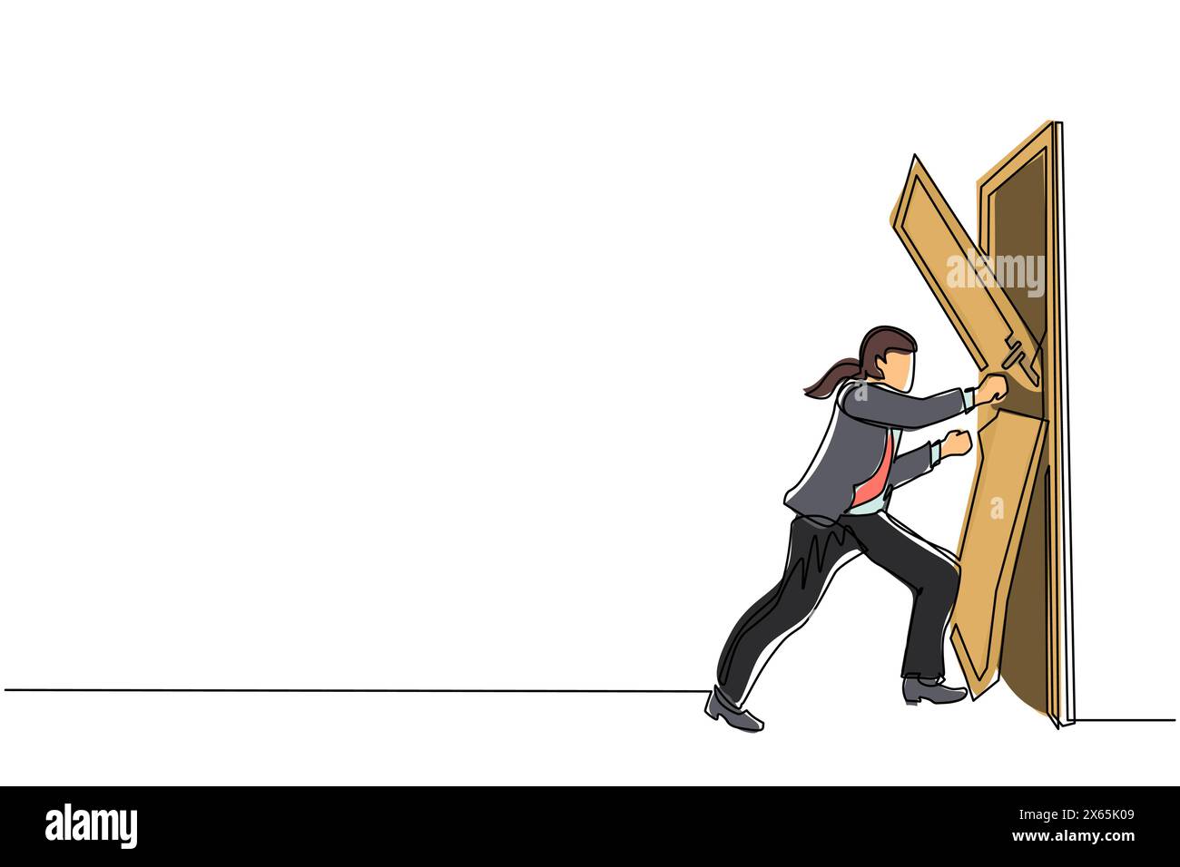 Continuous one line drawing young businesswoman punching and destroying ...