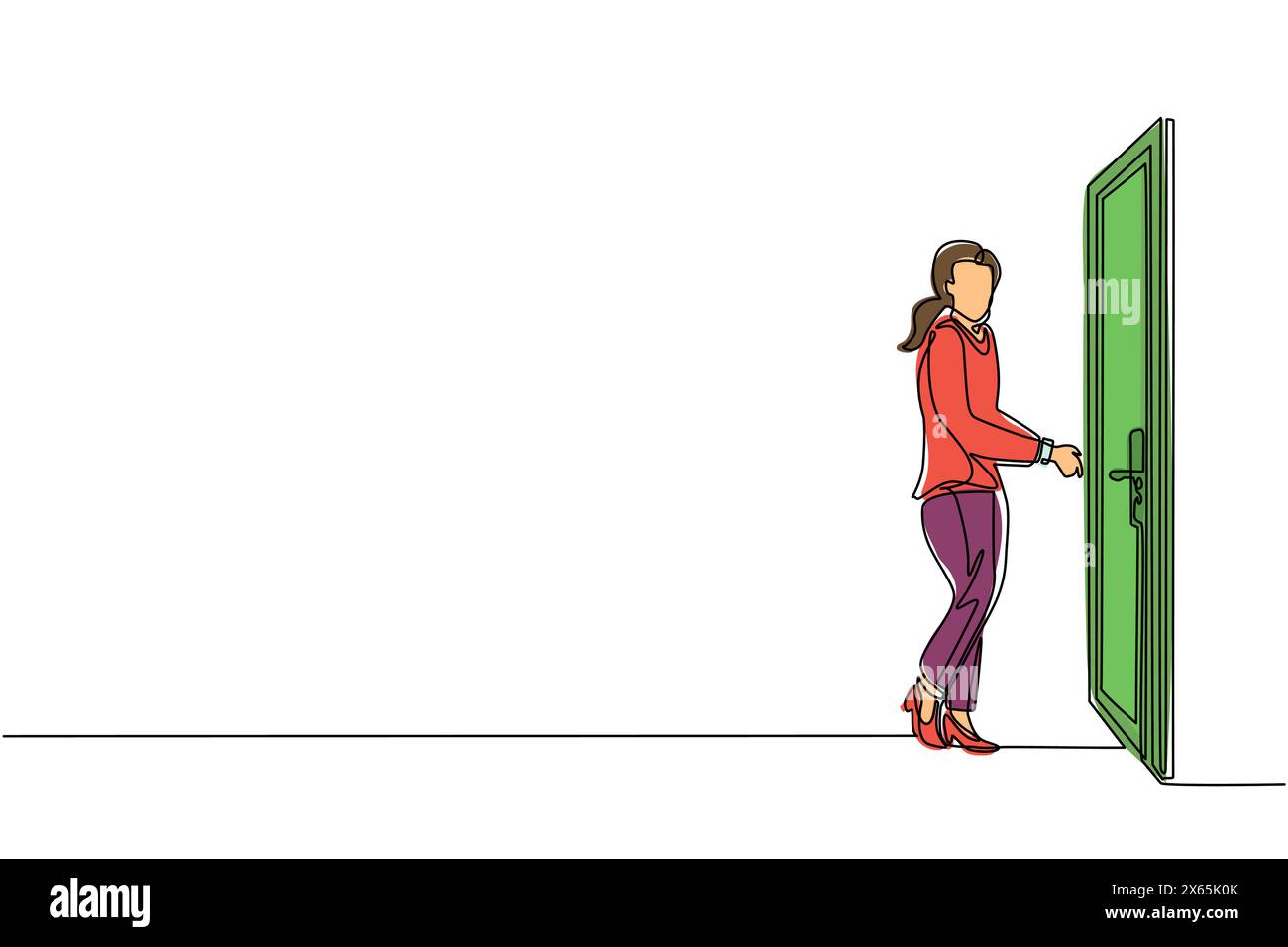 Continuous one line drawing businesswoman inserts the key into the ...