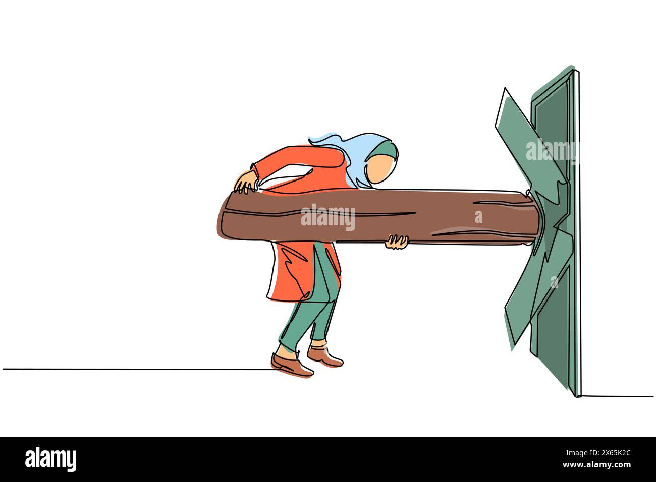 Single one line drawing Arabic businesswoman holding large log and ...