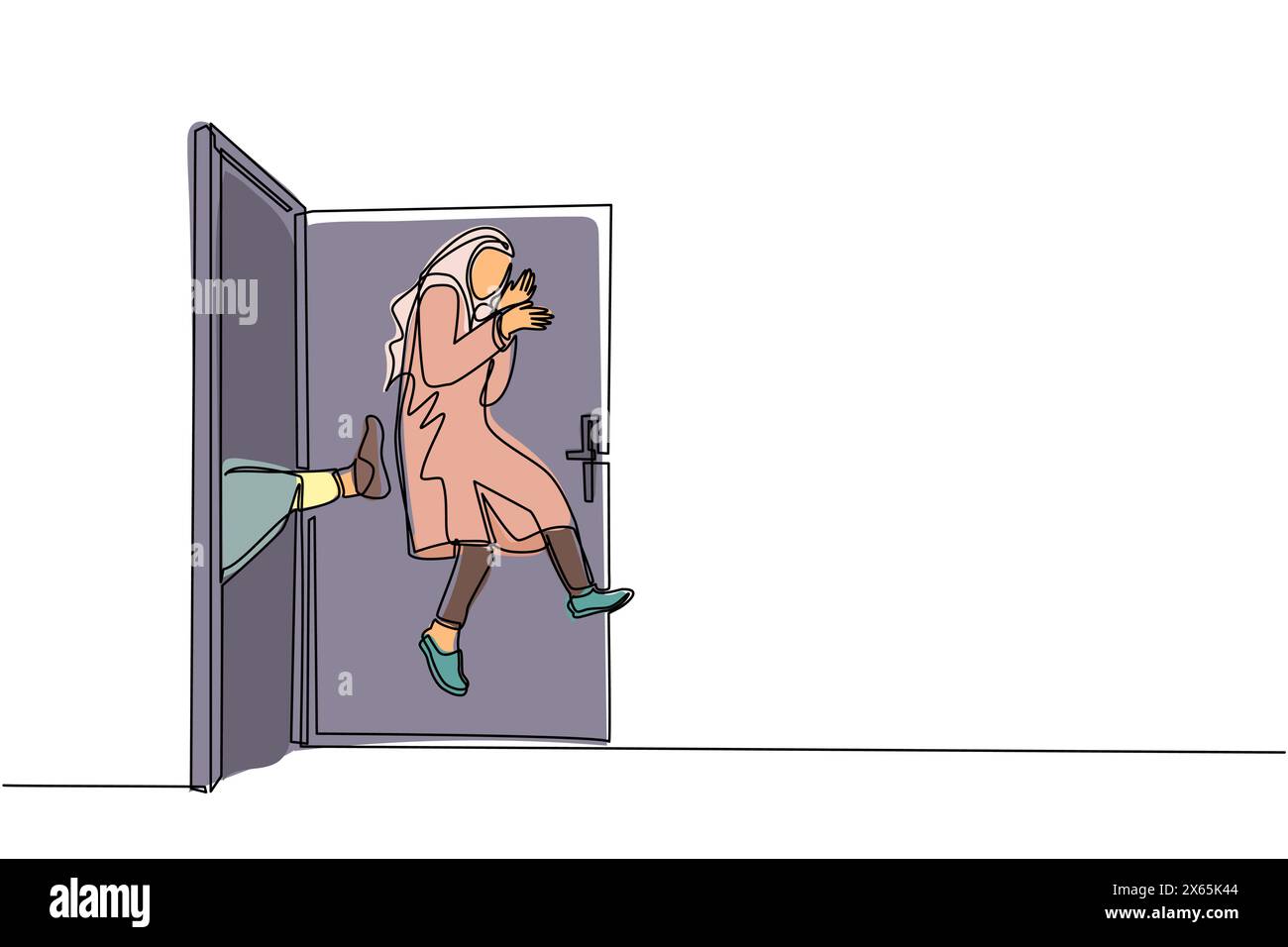 Single continuous line drawing Arabian businesswoman get kicked out of ...