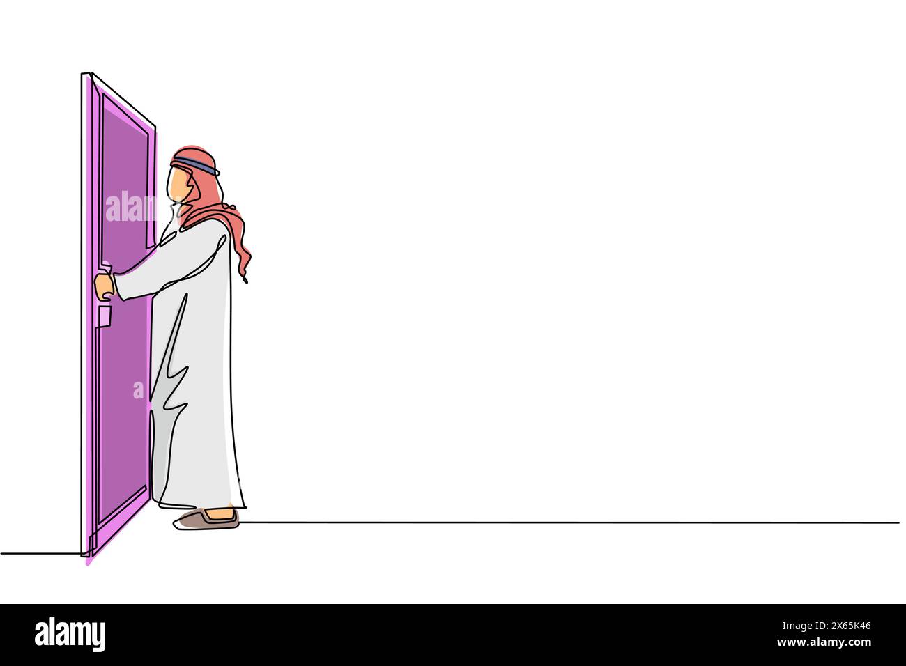 Single one line drawing Arabian businessman holding a door knob ...