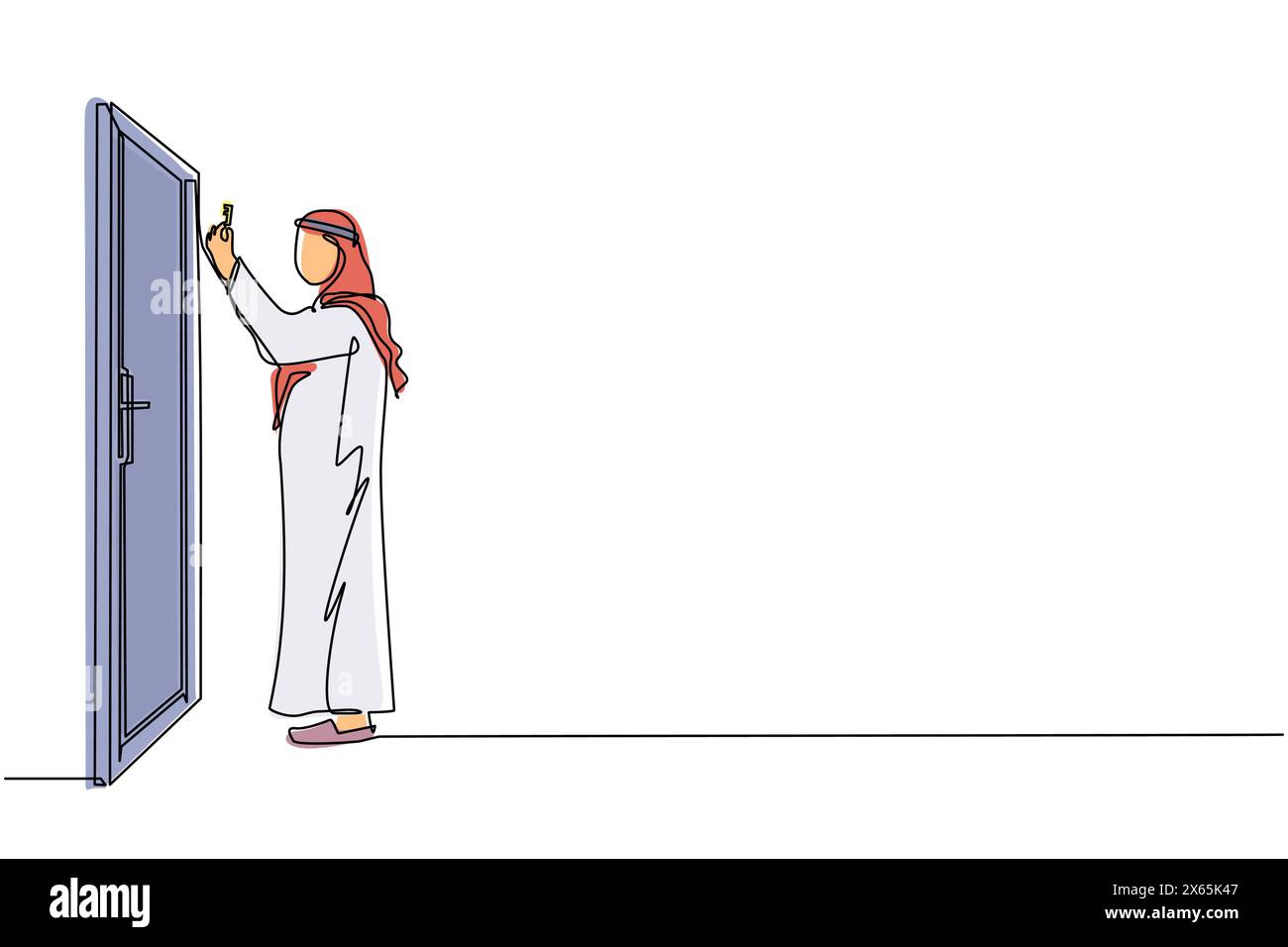Continuous one line drawing Arabian businessman lifts key in front of ...