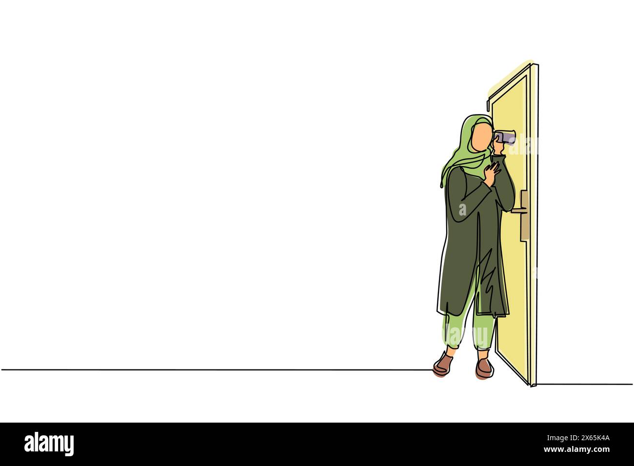 Single one line drawing Arabian woman eavesdropping at door. Curious ...