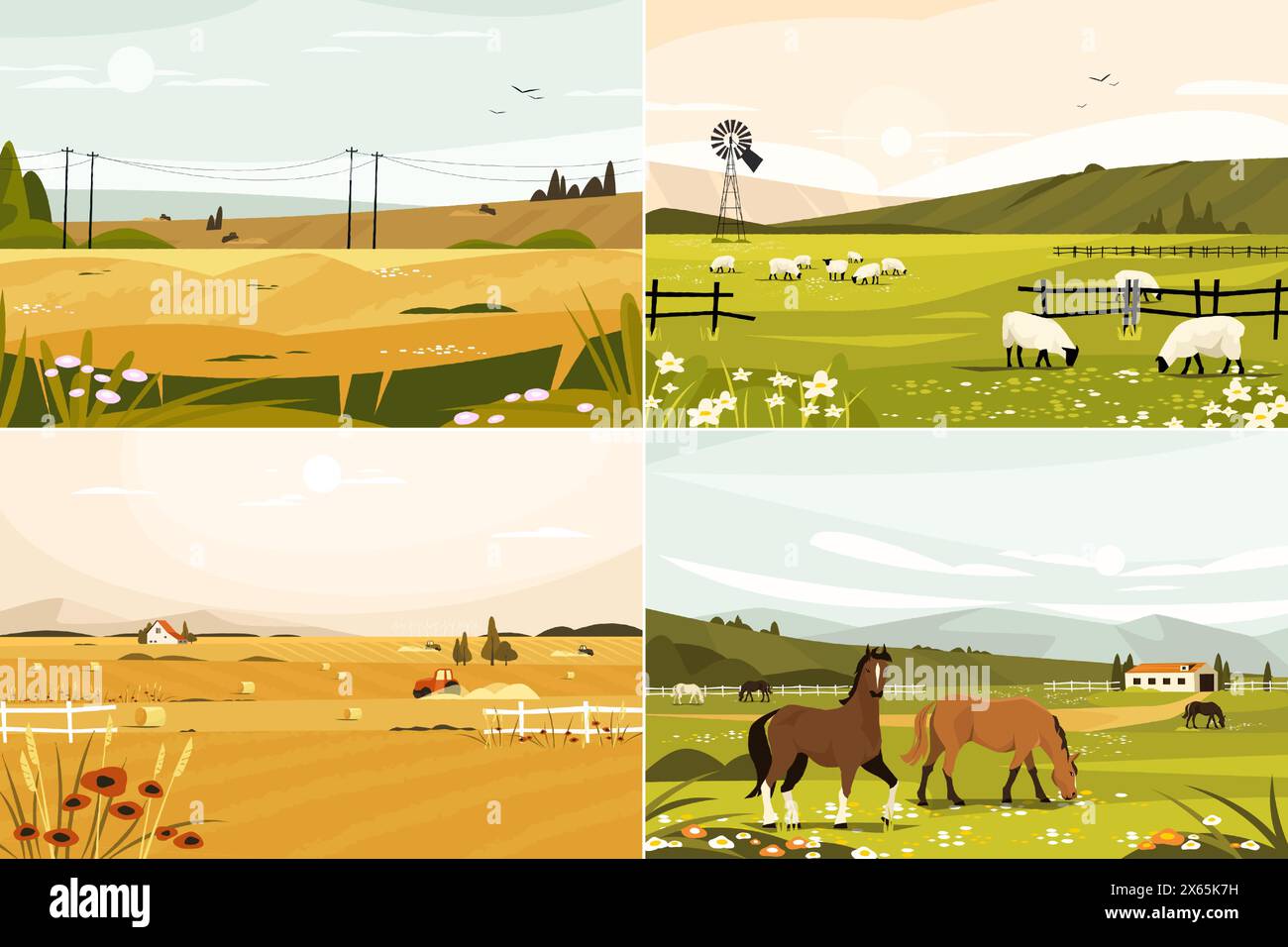 Farmland landscape set. Rural panoramic view with arable land and farm ...