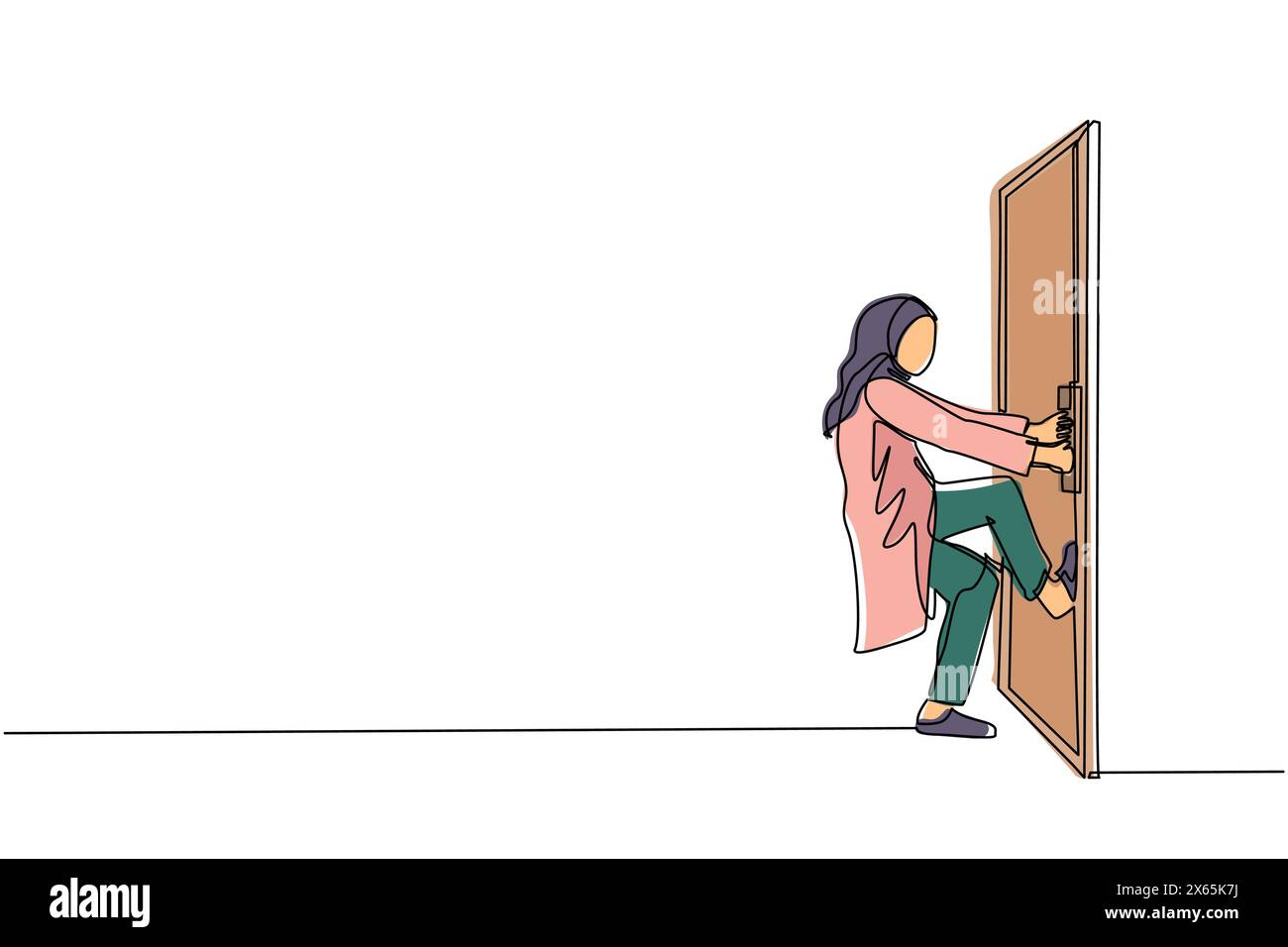 Continuous one line drawing Arabian businesswoman pulling closed door ...
