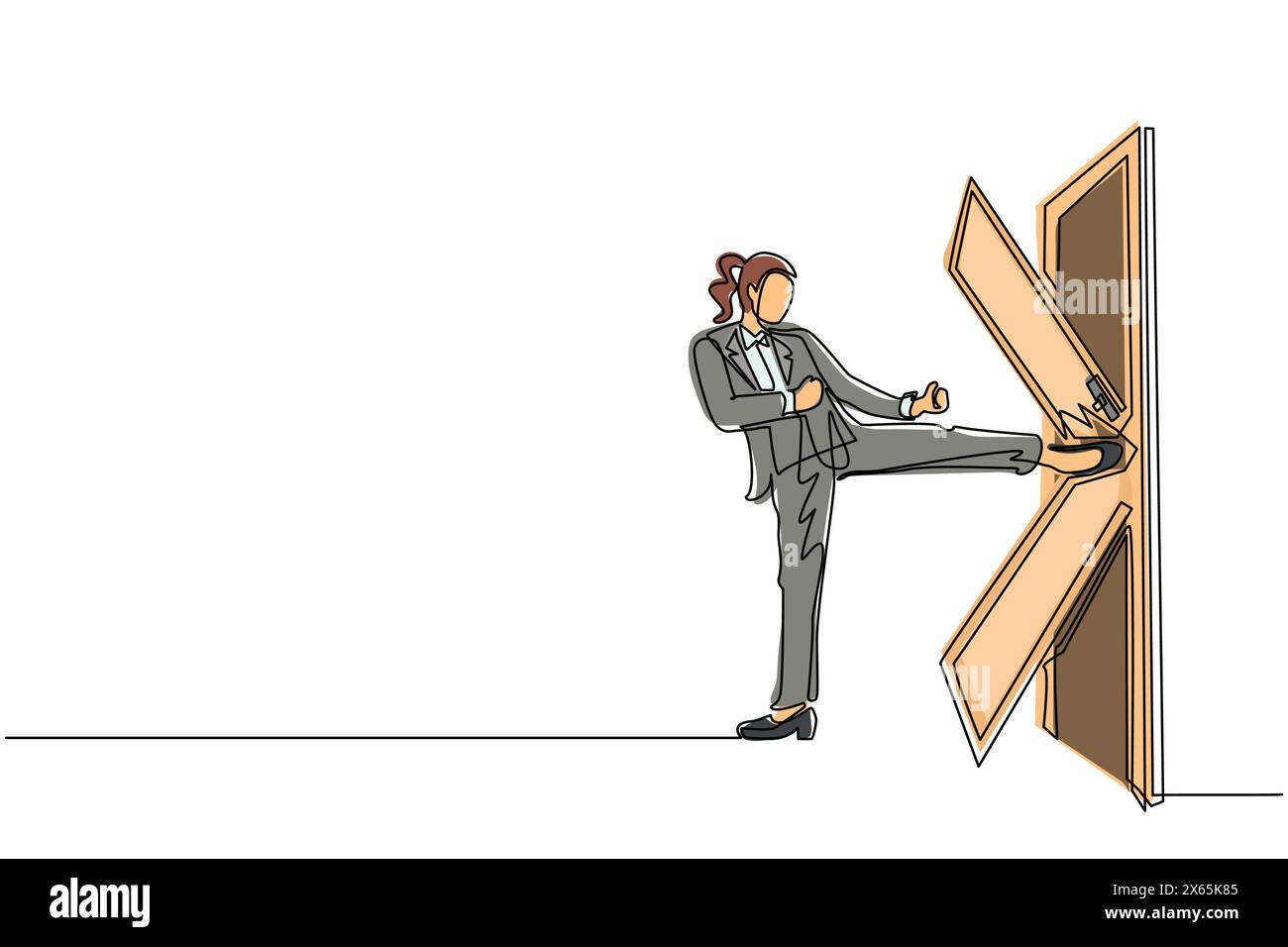 Single one line drawing businesswoman kicks the door until door ...