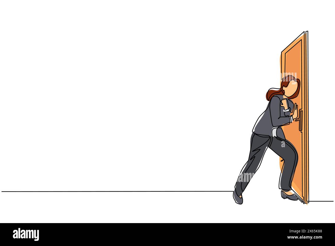 Continuous one line drawing young businesswoman running wants to break ...