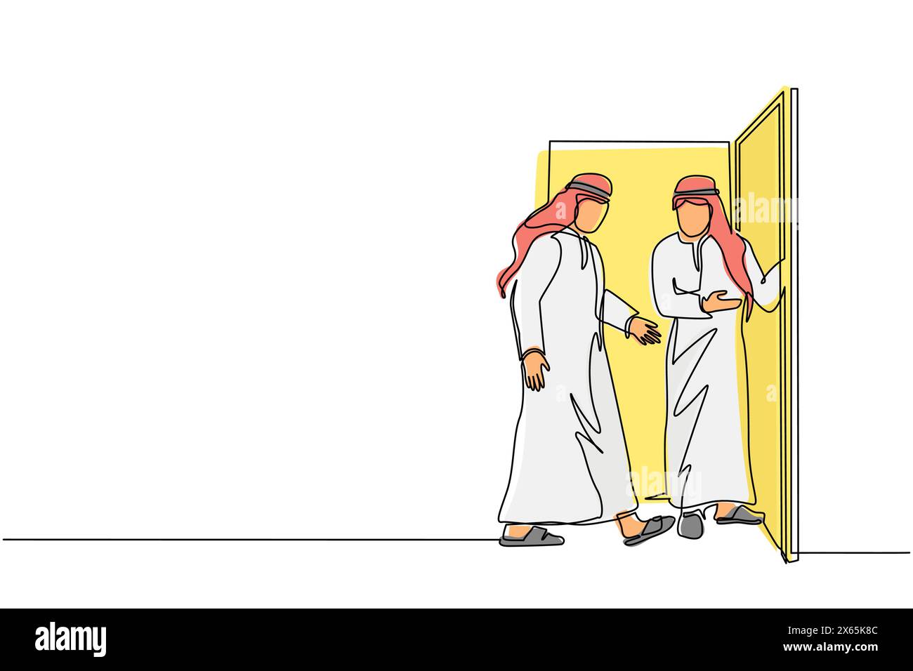 Single continuous line drawing Arab businessman at door welcomes his ...