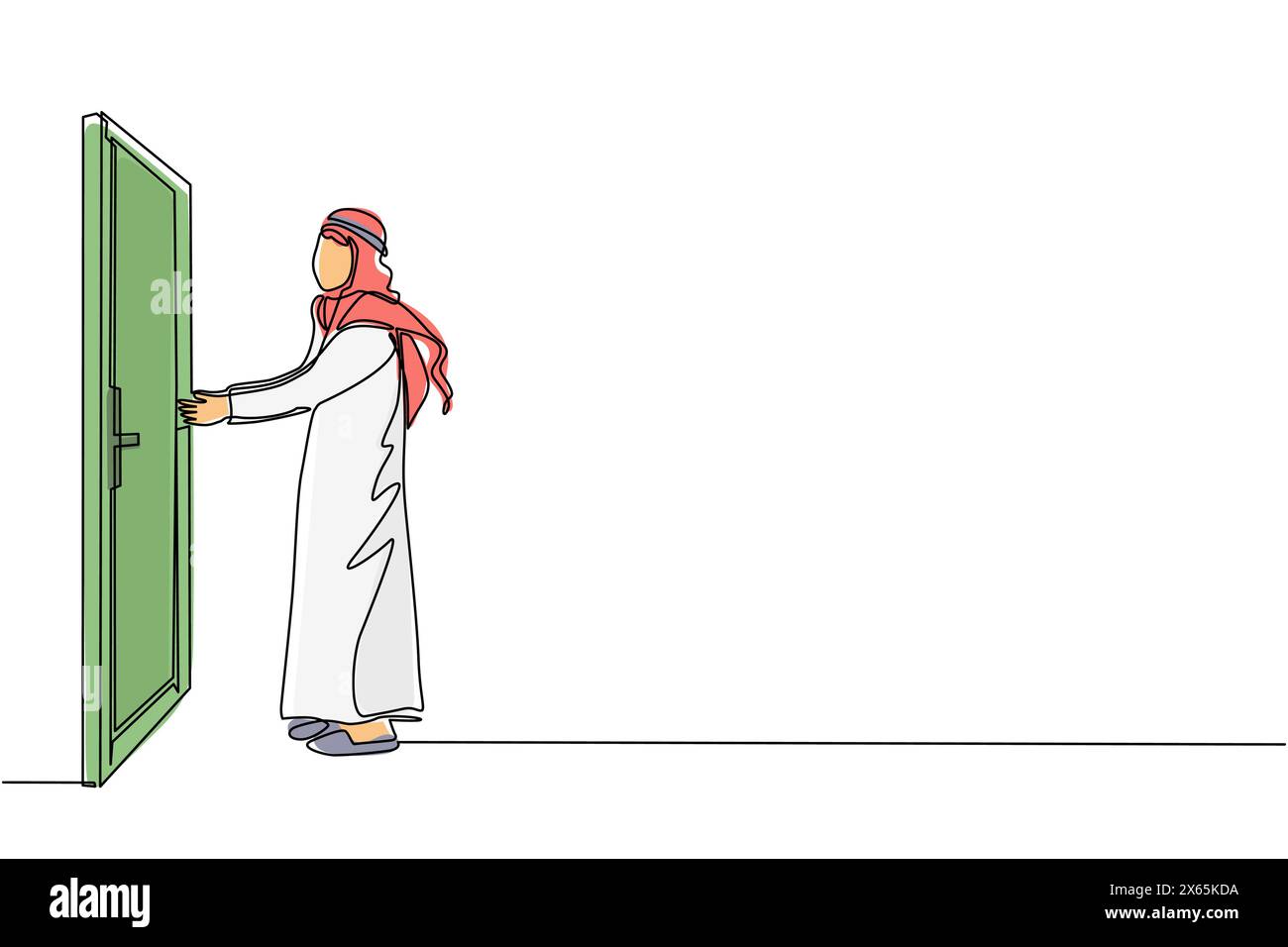 Single continuous line drawing Arabian businessman inserts key into ...