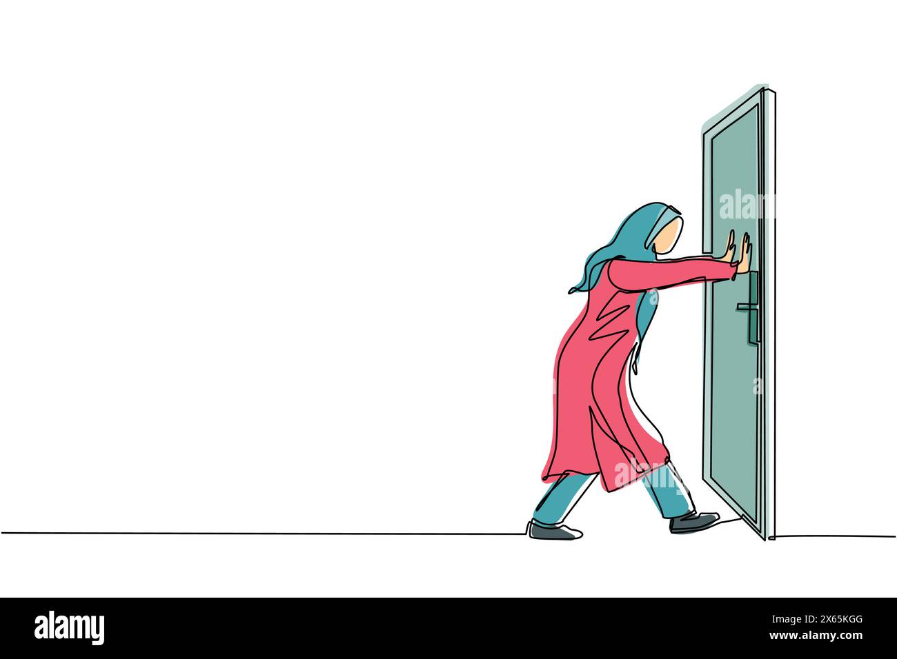 Continuous one line drawing Arabian businesswoman pushes closed door on ...