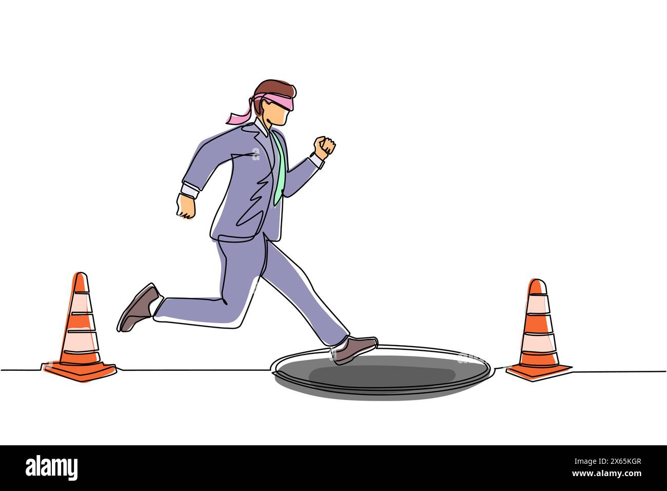 Continuous one line drawing blindfolded businessman running to find ...