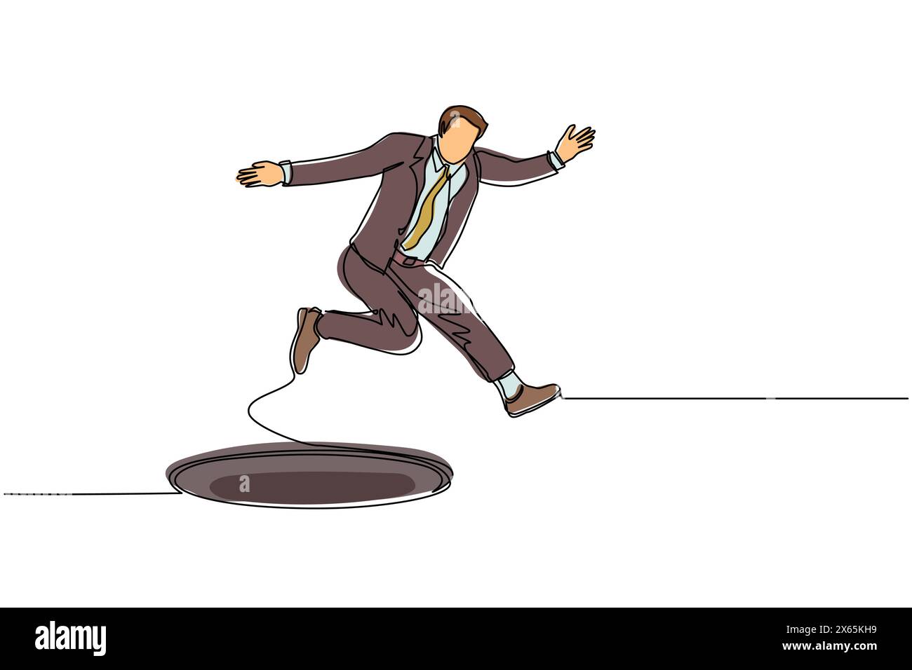 Single continuous line drawing businessman jumping through the hole ...