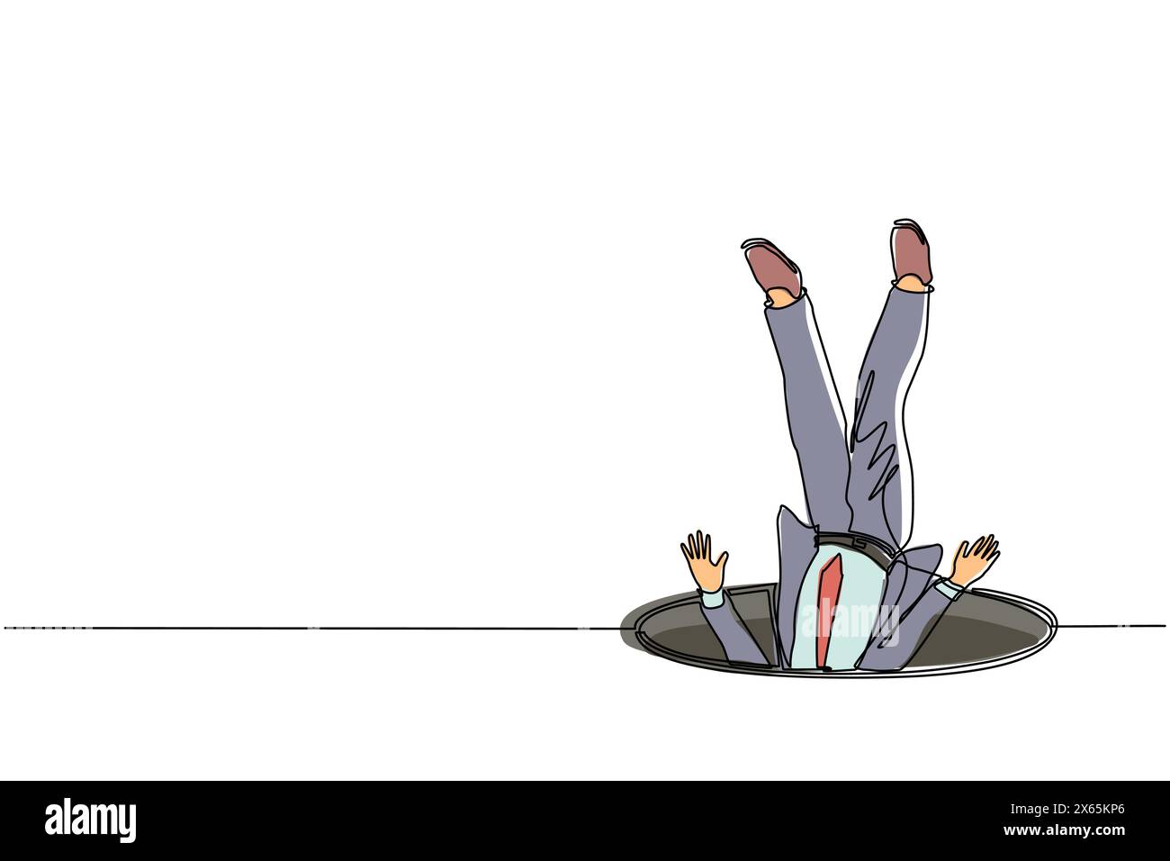 Continuous one line drawing businessman falling into pit hole. Legs up ...
