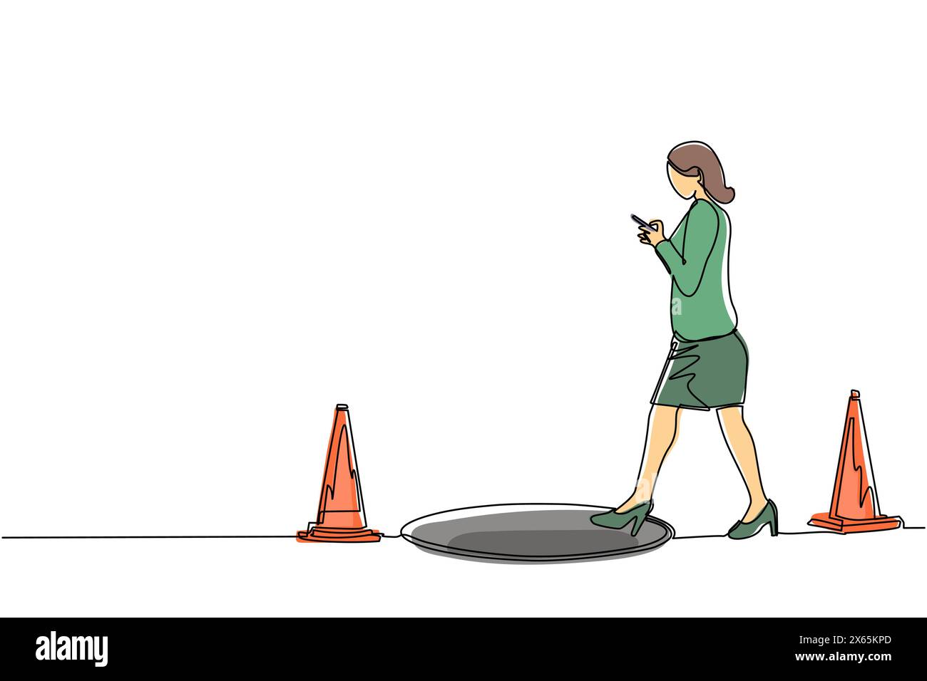 Single continuous line drawing businesswoman character going on street ...