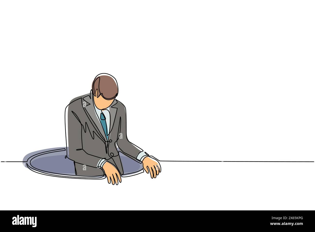 Continuous one line drawing businessman trying to get out of from hole ...