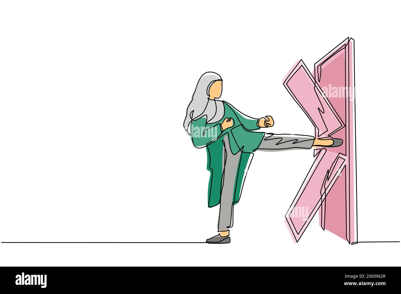Continuous one line drawing Arabian businesswoman kicks the door until ...