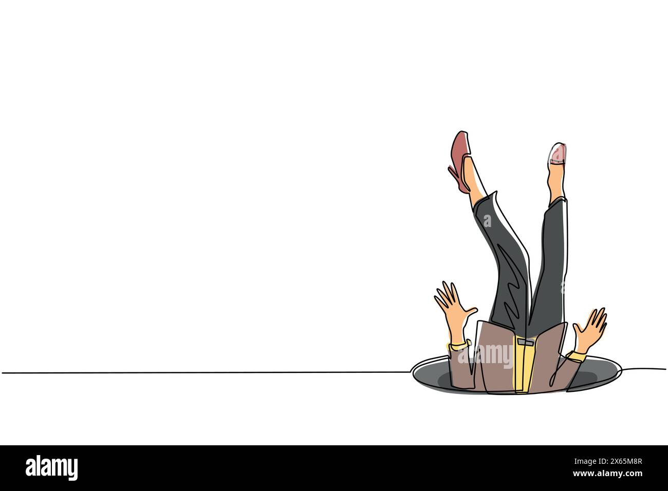Single one line drawing businesswoman falling into pit hole. Legs up ...