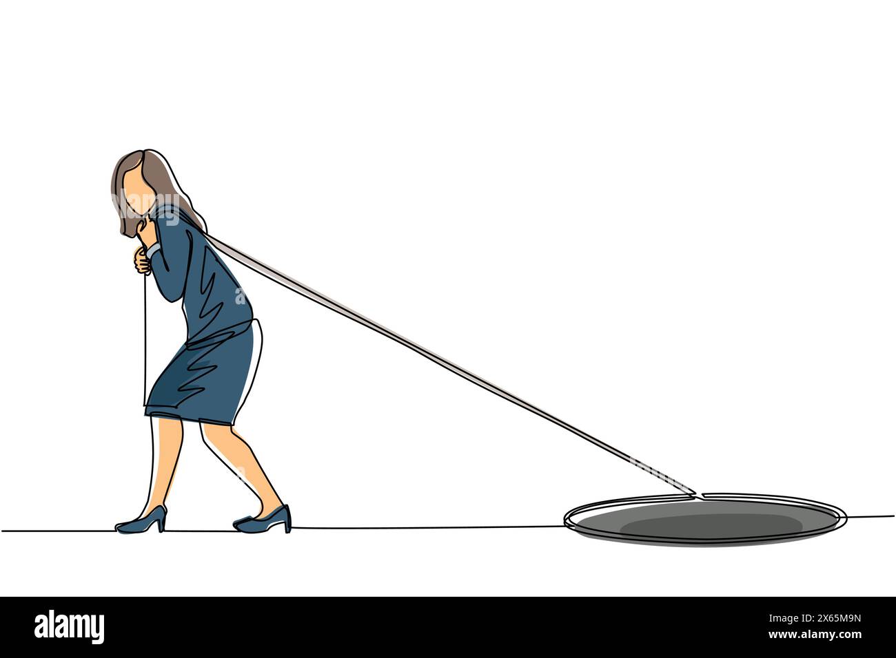 Single continuous line drawing businesswoman trying hard pulling rope ...
