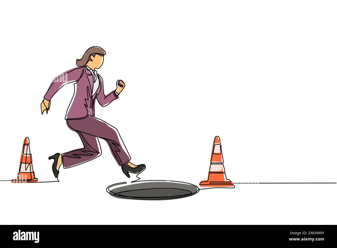 Continuous one line drawing blindfolded businesswoman running to find ...
