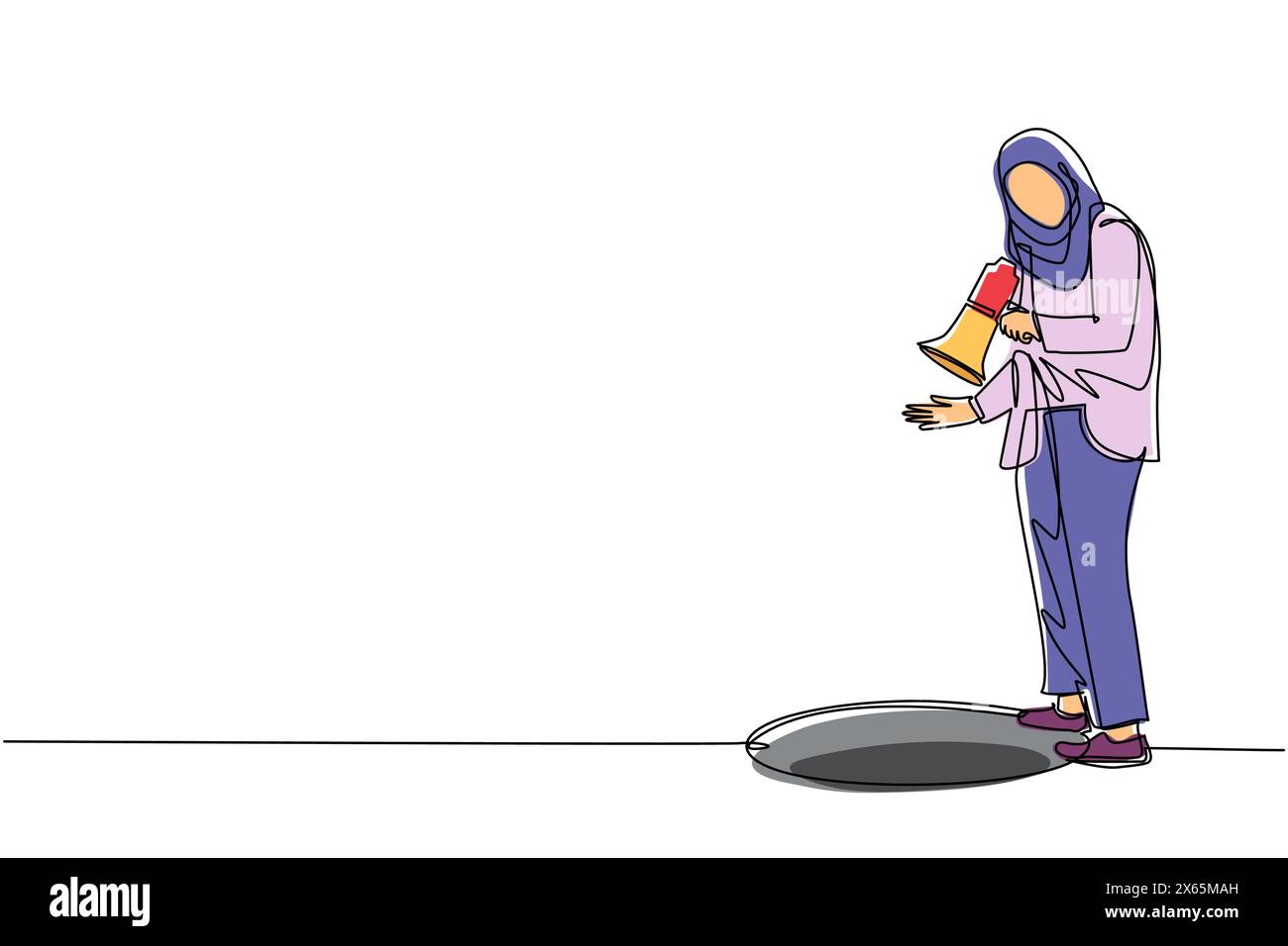 Single one line drawing Arabian businesswoman scream into pit hole with ...