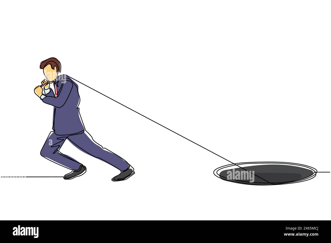 Single continuous line drawing businessman trying hard pulling rope to ...