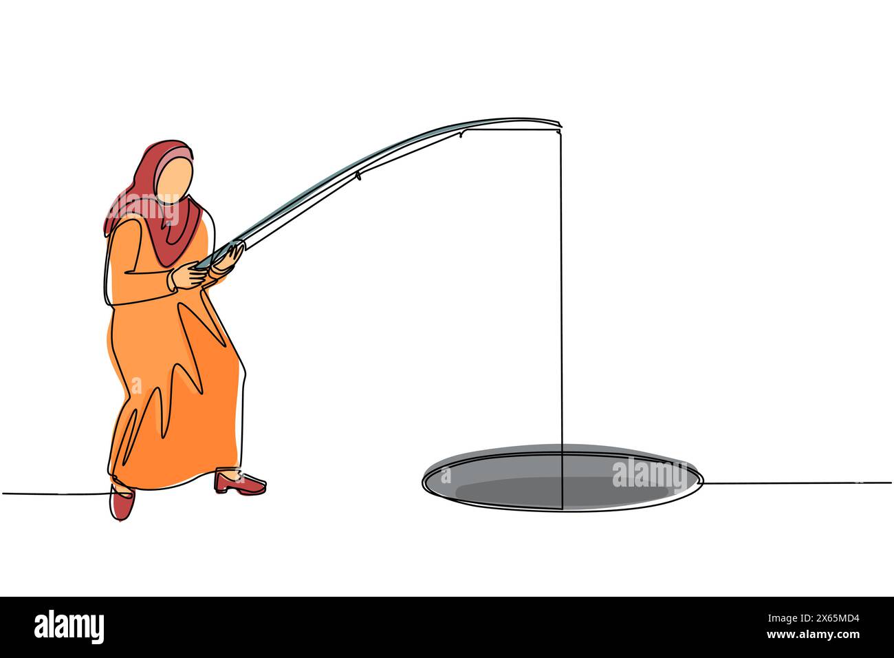 Single one line drawing Arabian businesswoman holding fishing rod from ...