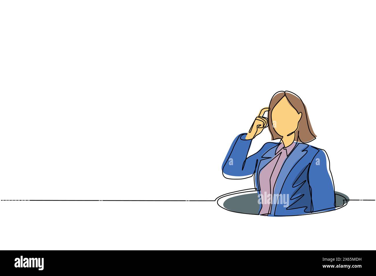 Continuous one line drawing confused young businesswoman emerges from ...