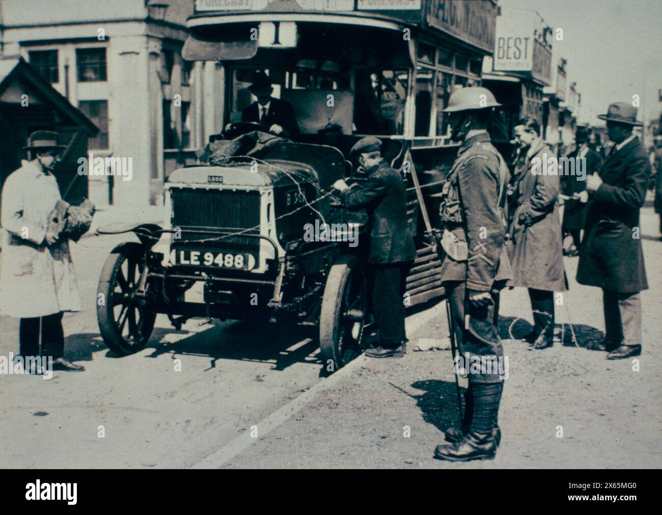 The hood of a blackleg bus is wired shut during the general strike, UK ...