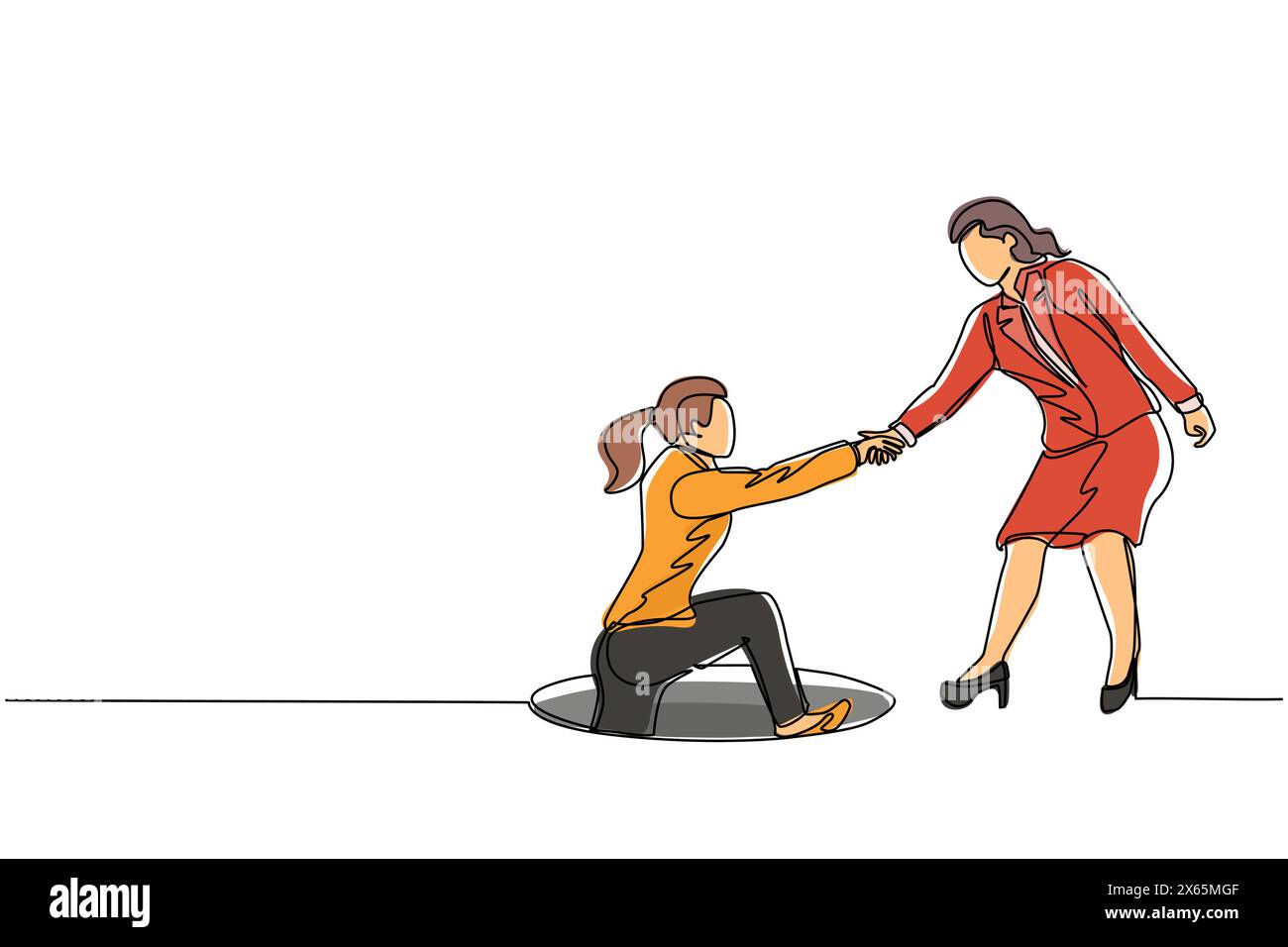 Continuous one line drawing businesswoman helping her friend by take ...