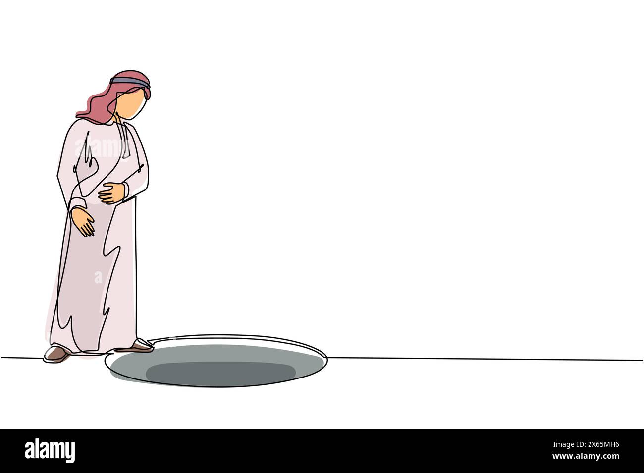 Continuous one line drawing Arabic businessman looking at hole. Man ...