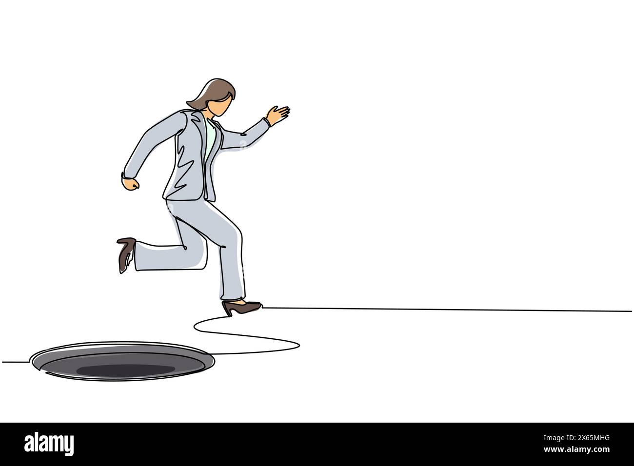 Single continuous line drawing businesswoman jumping through the hole ...