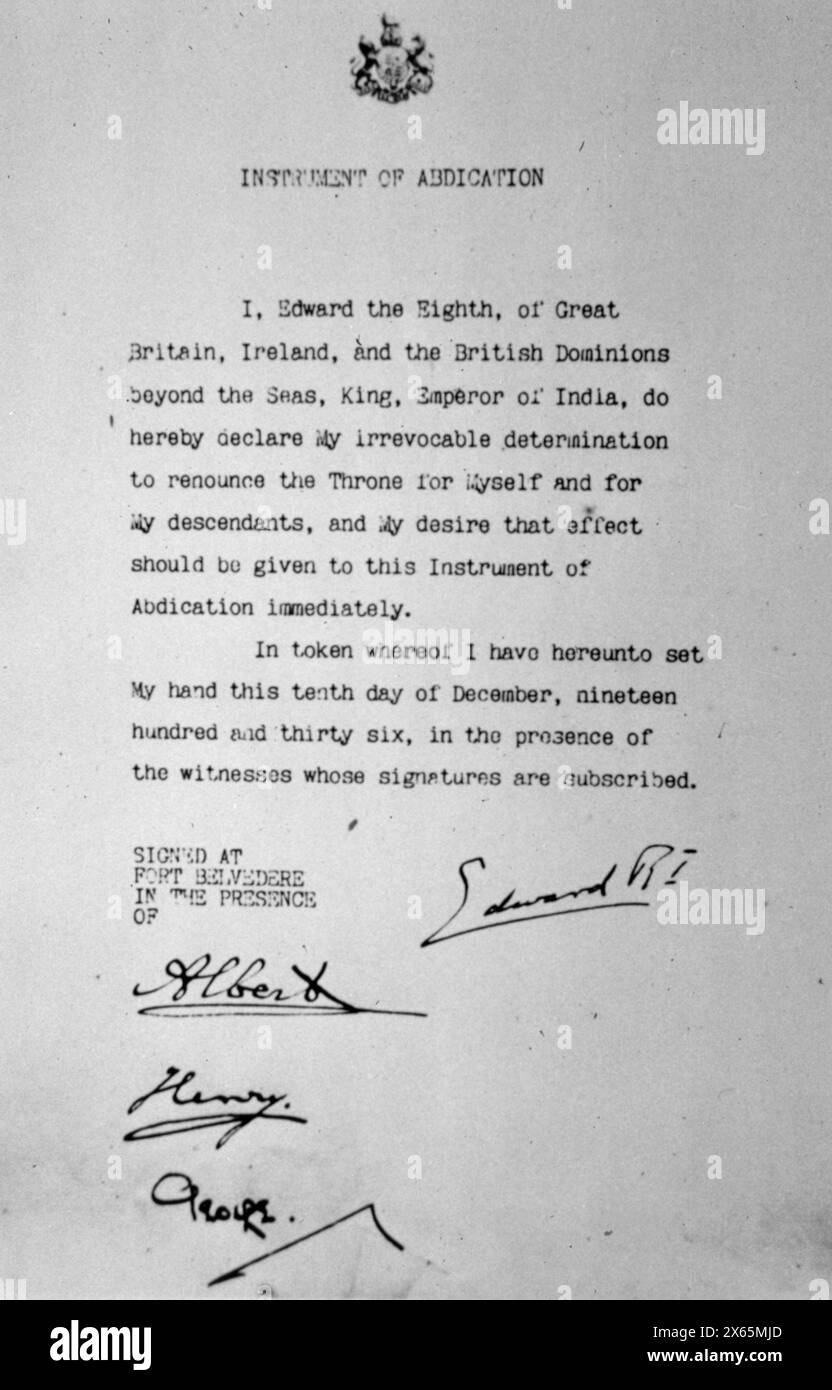 The letter of abdication of King Edward VIII of England, Britain 1936 ...