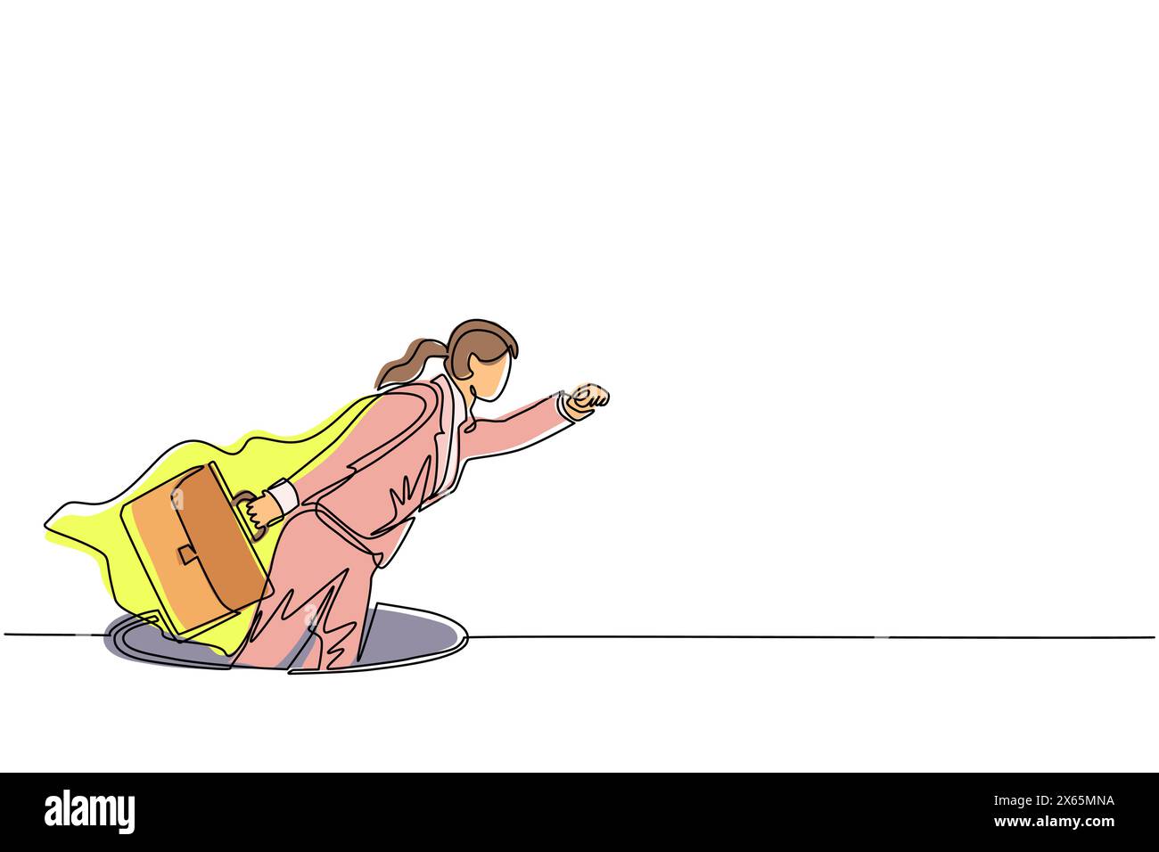 Single one line drawing flying businesswoman with wing and briefcase ...