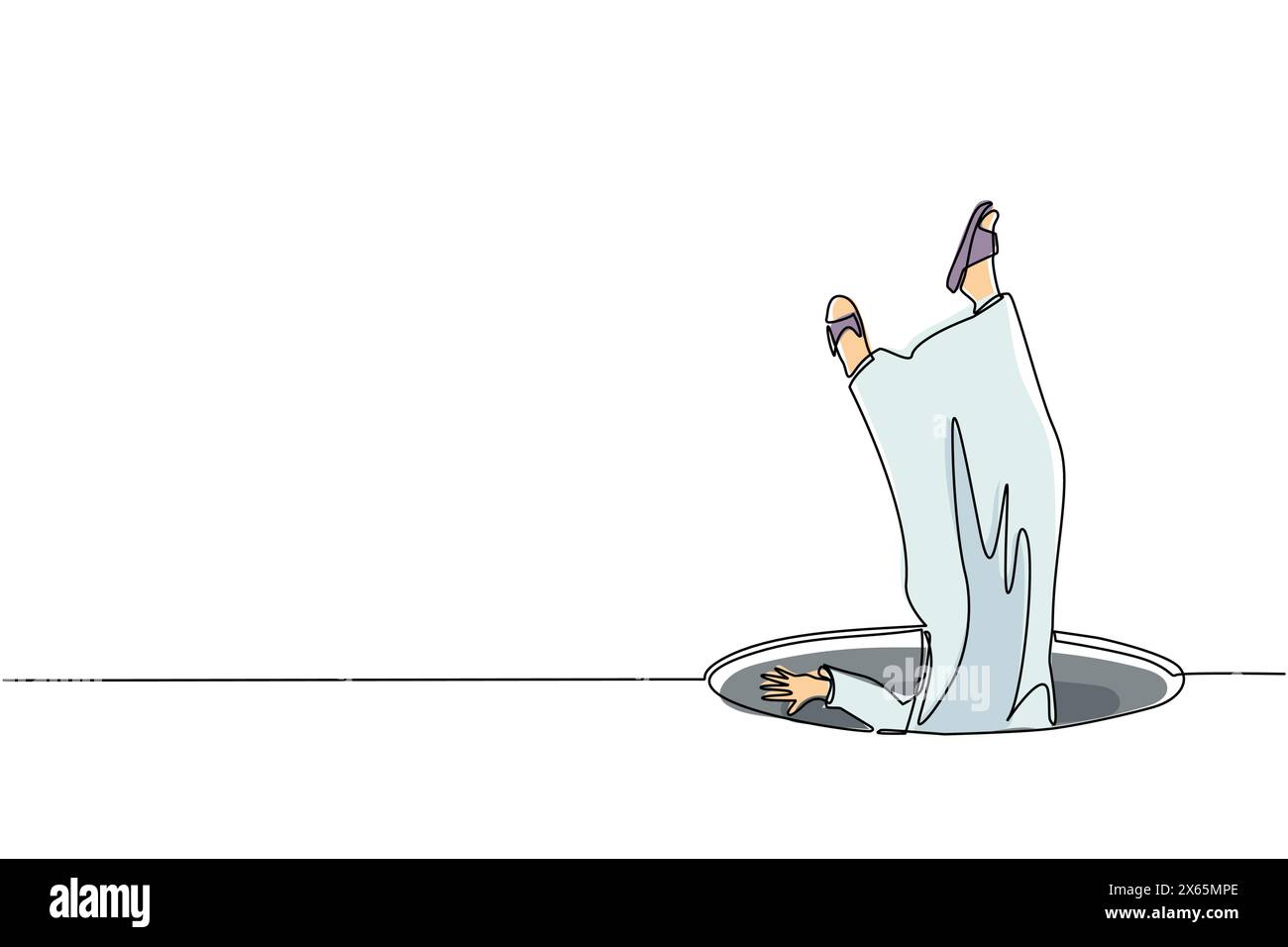 Single one line drawing Arabian businessman falling into pit hole. Legs ...